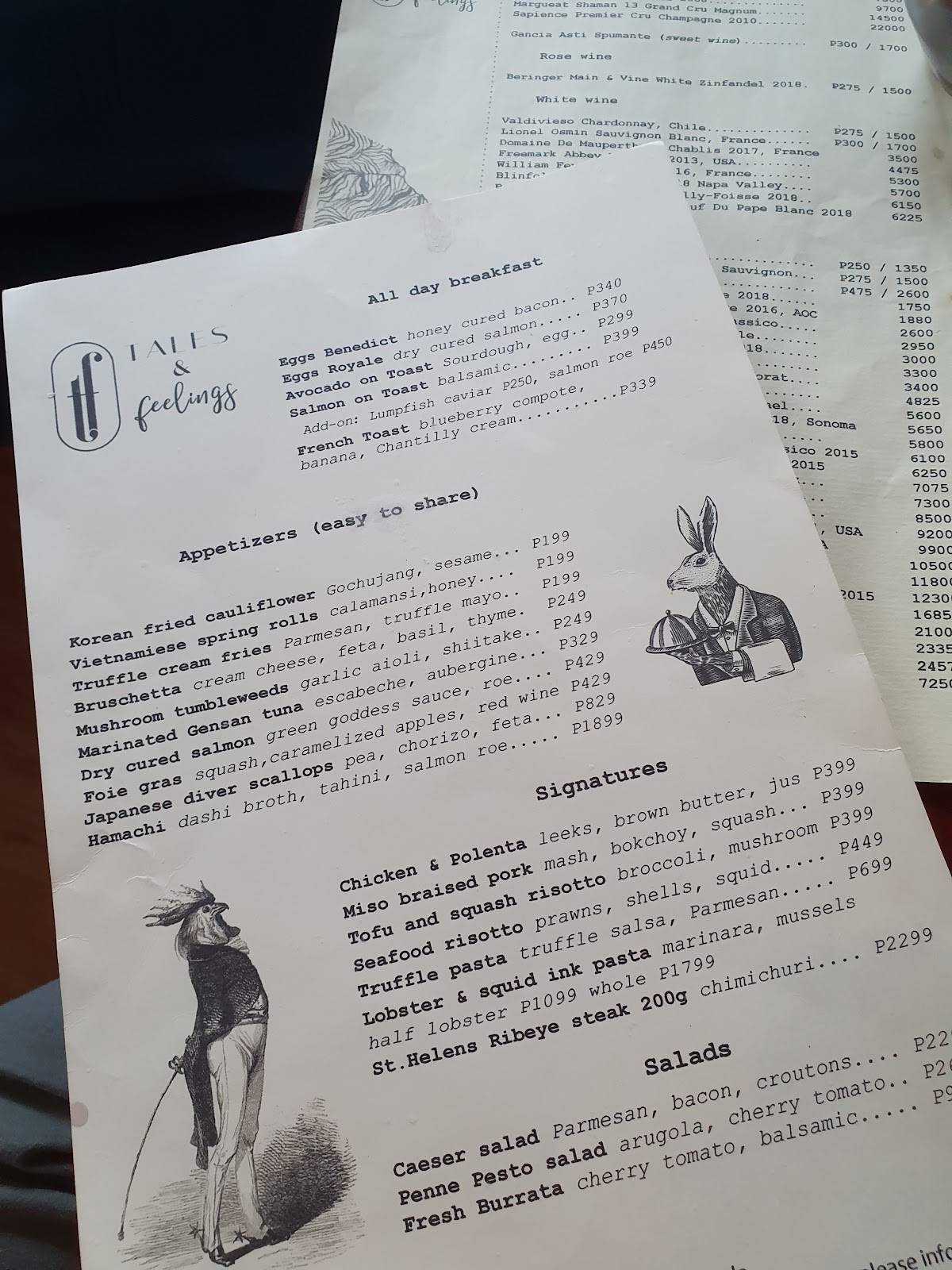Menu at Tales and Feelings restaurant, Cebu City