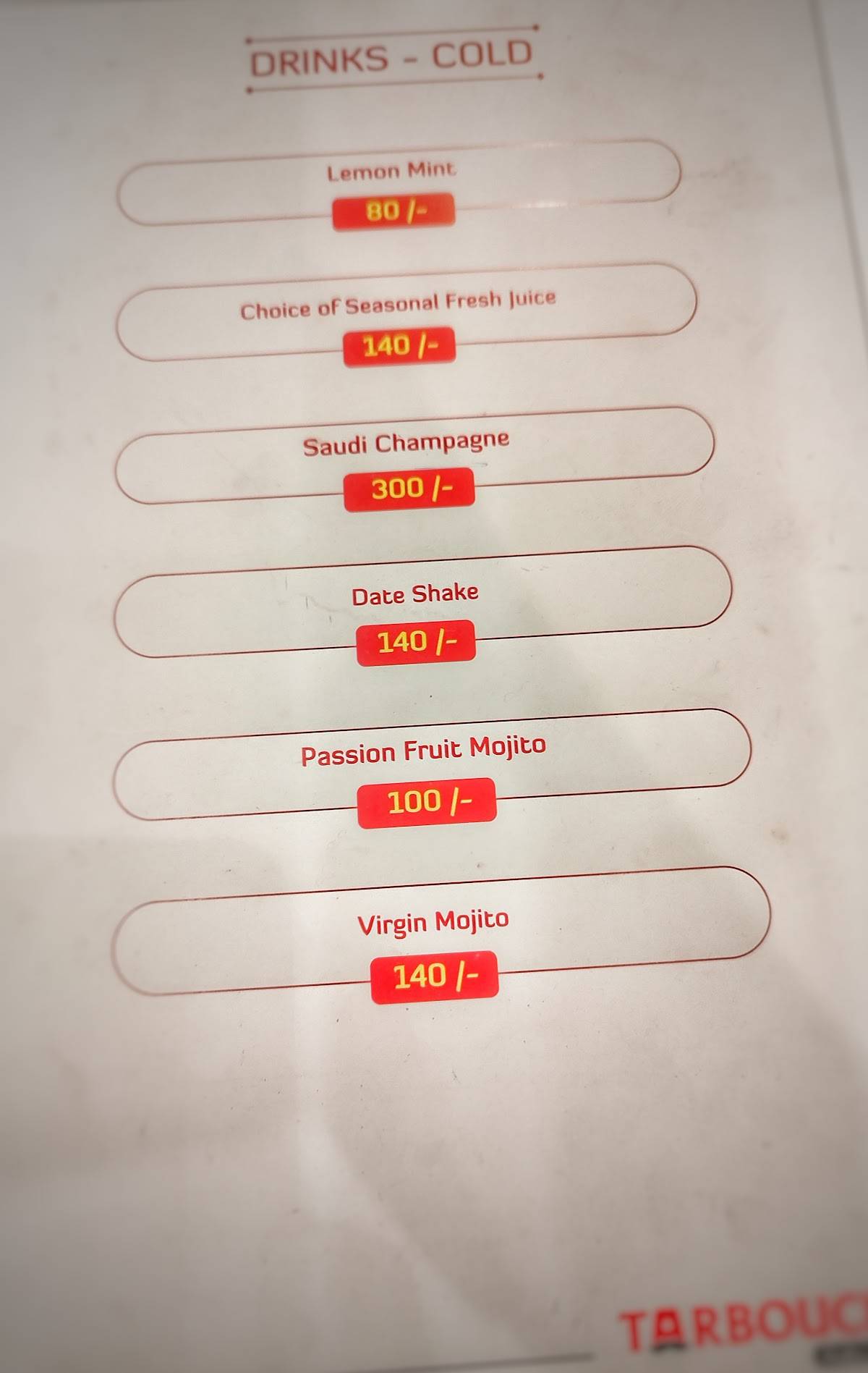 Menu at Tarbouche Meet:Street, Kozhikode