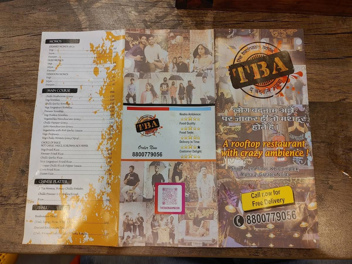 Menu at The Badnaam Adda TBA Pure Veg Best Restaurant in Greater Noida ...