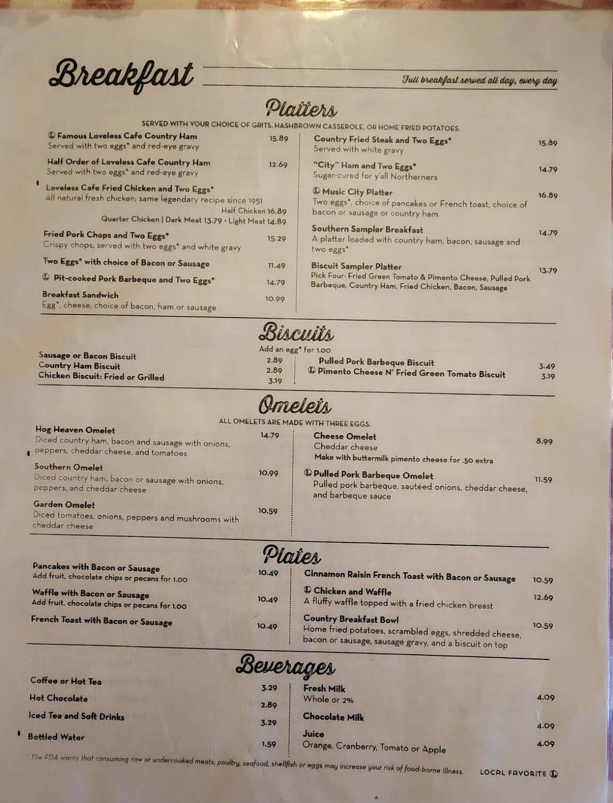Menu at The Loveless Cafe, Nashville