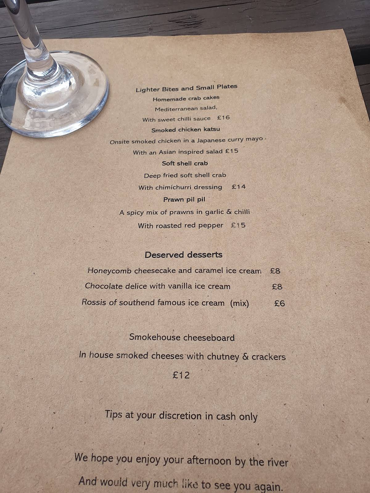 Menu at The Maldon Smokehouse restaurant, Maldon