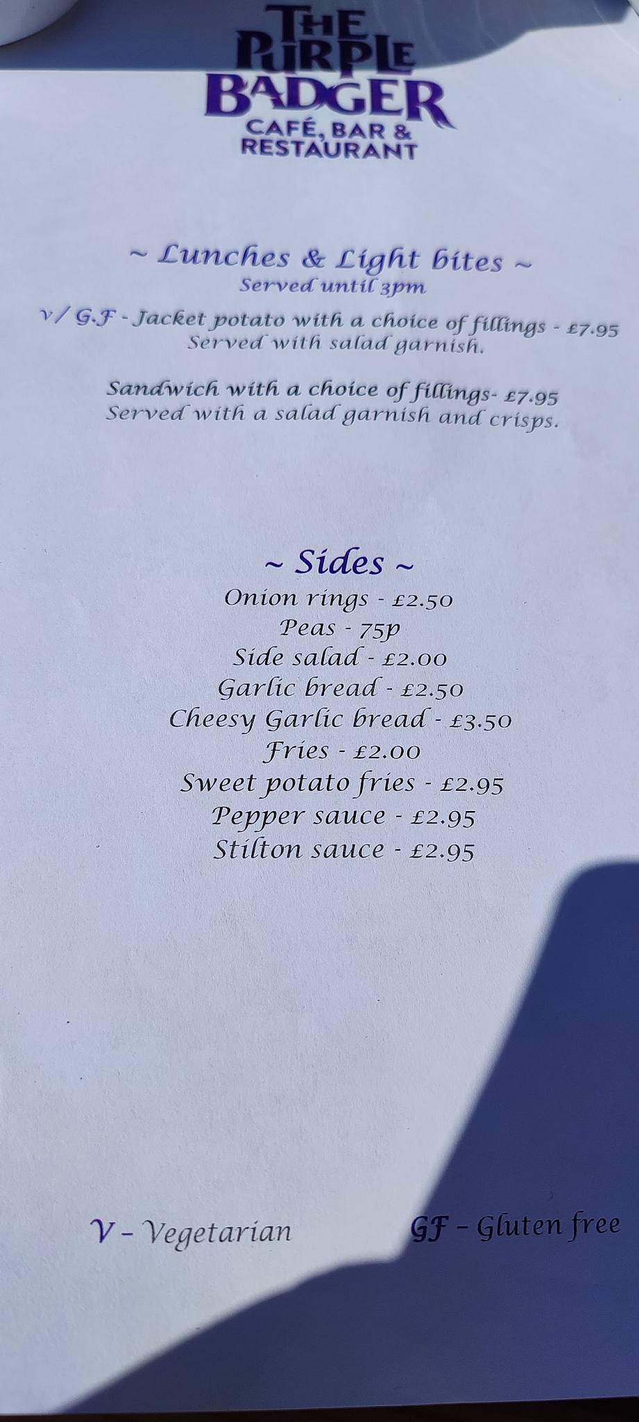 Menu at The Purple Badger restaurant, Llanelli