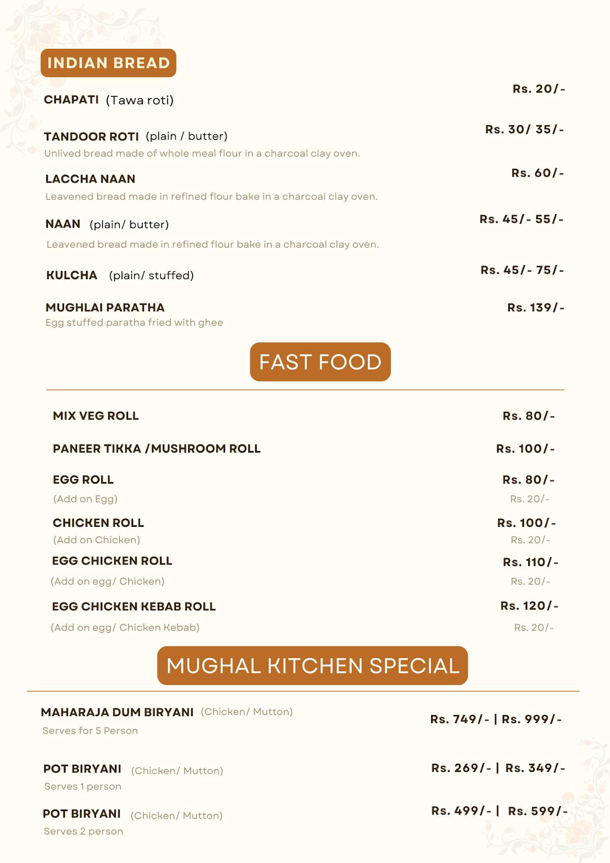 Menu at The Royal Mughal Kitchen, Bhubaneswar