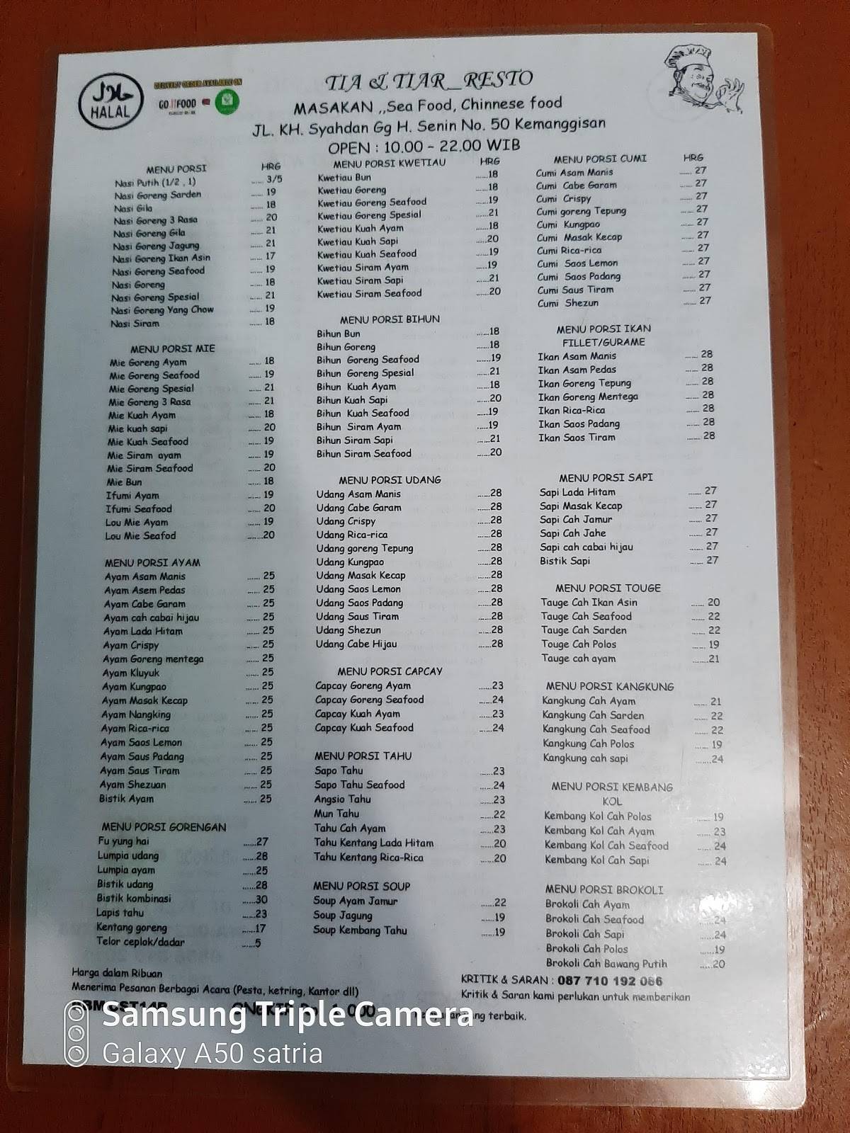 Menu at Tia Tiar Resto, West Jakarta