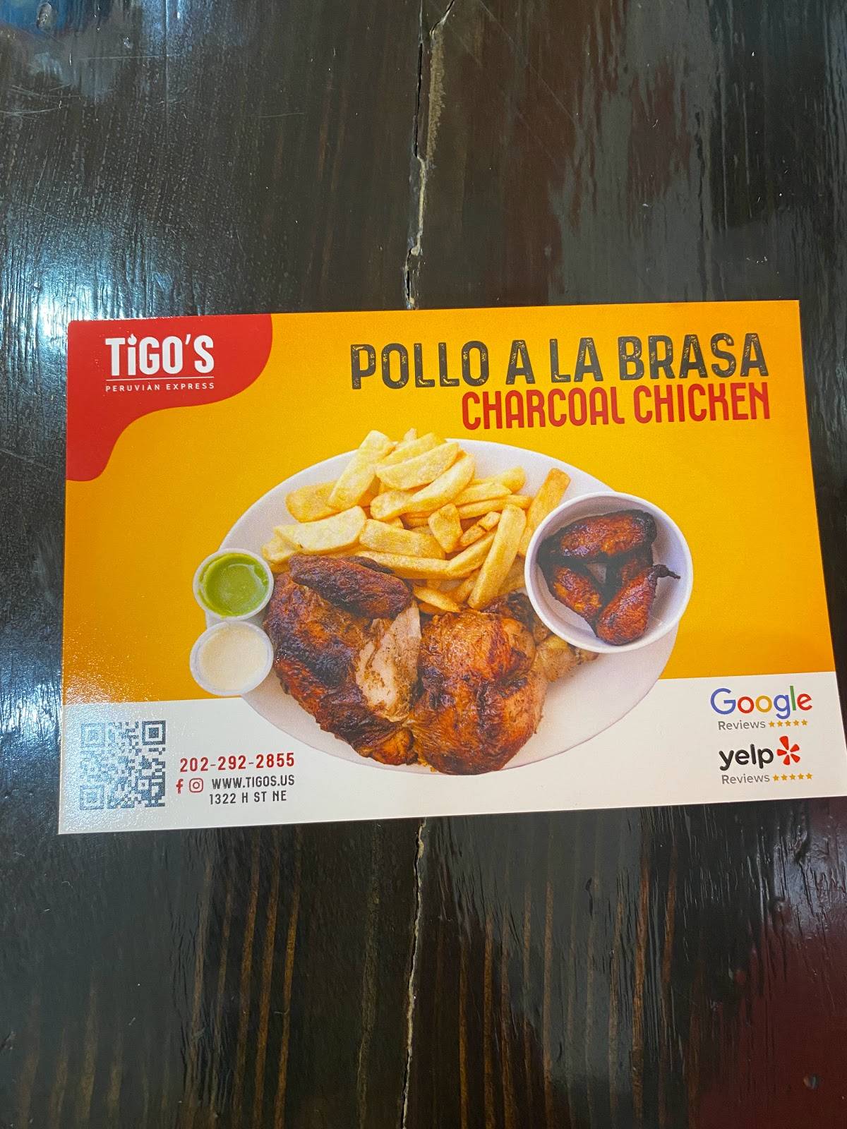Menu at Tigo's Peruvian Express restaurant, Washington