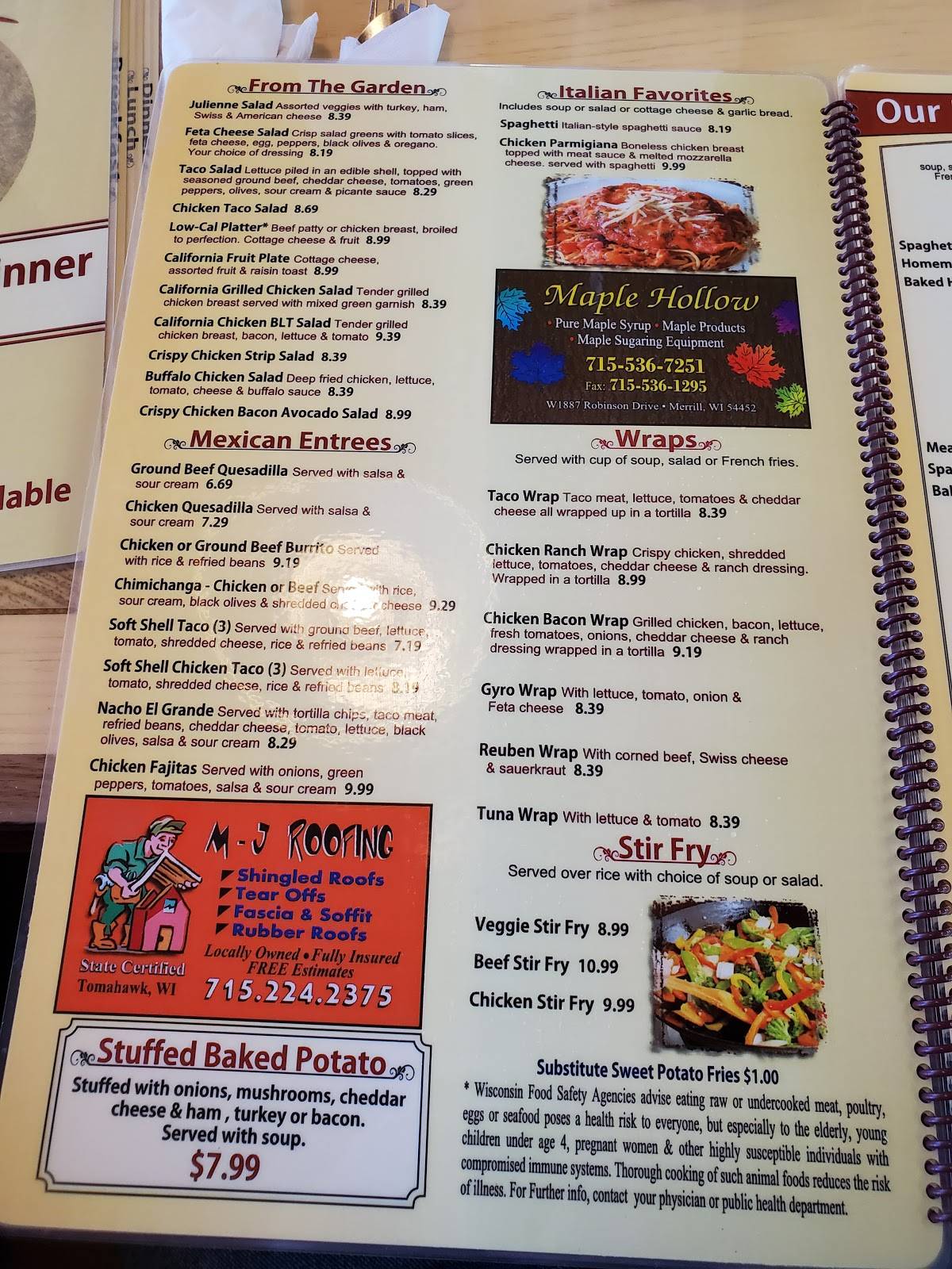 Menu at Tomahawk Family Restaurant, Tomahawk