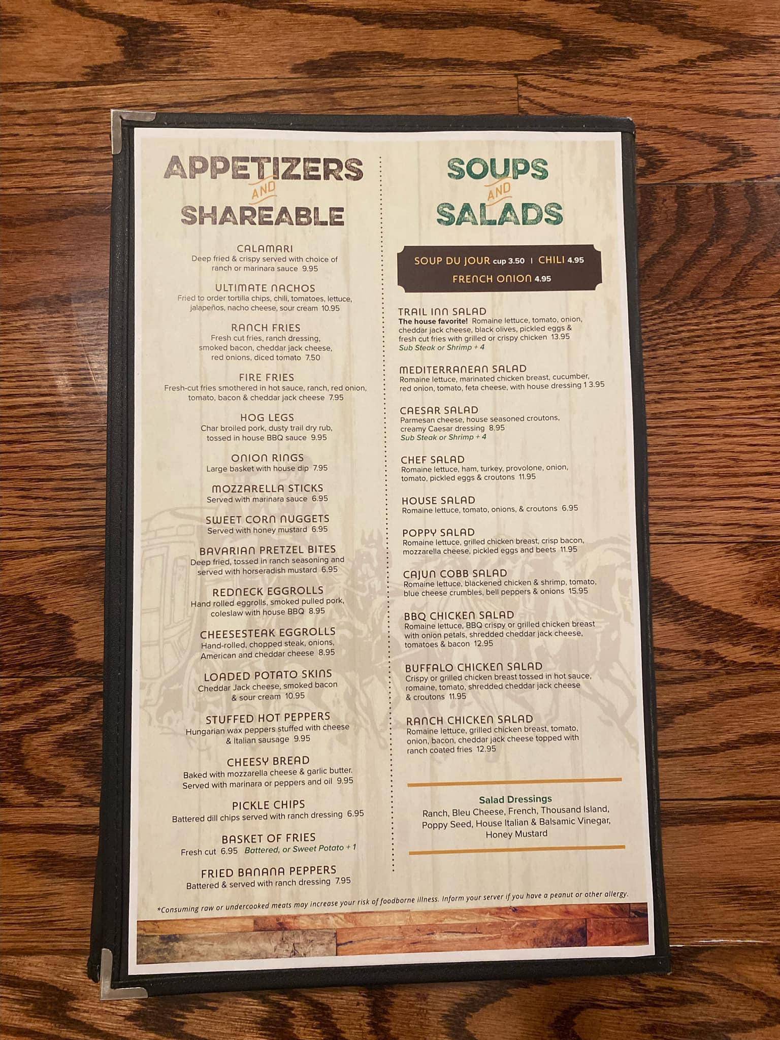 Menu at Trail Inn restaurant, Williamsport, Lycoming Creek Rd