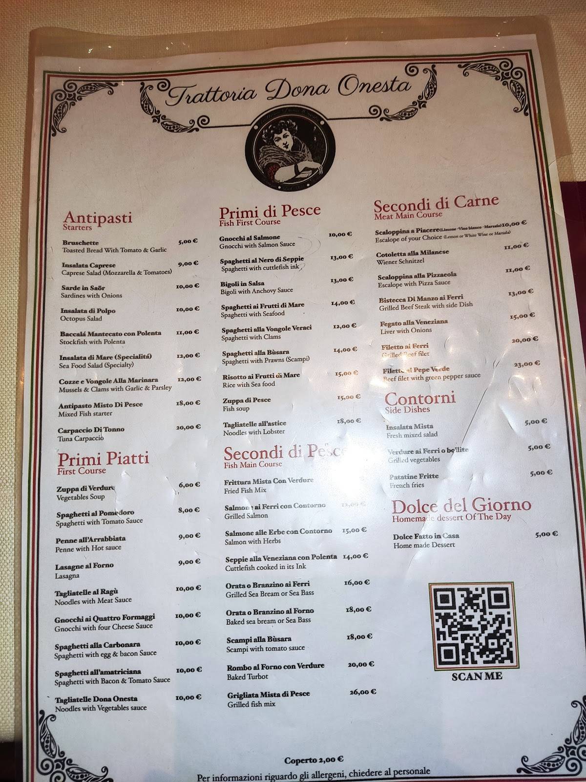 Menu at Trattoria Dona Onesta restaurant, Venice, Sestiere Dorsoduro