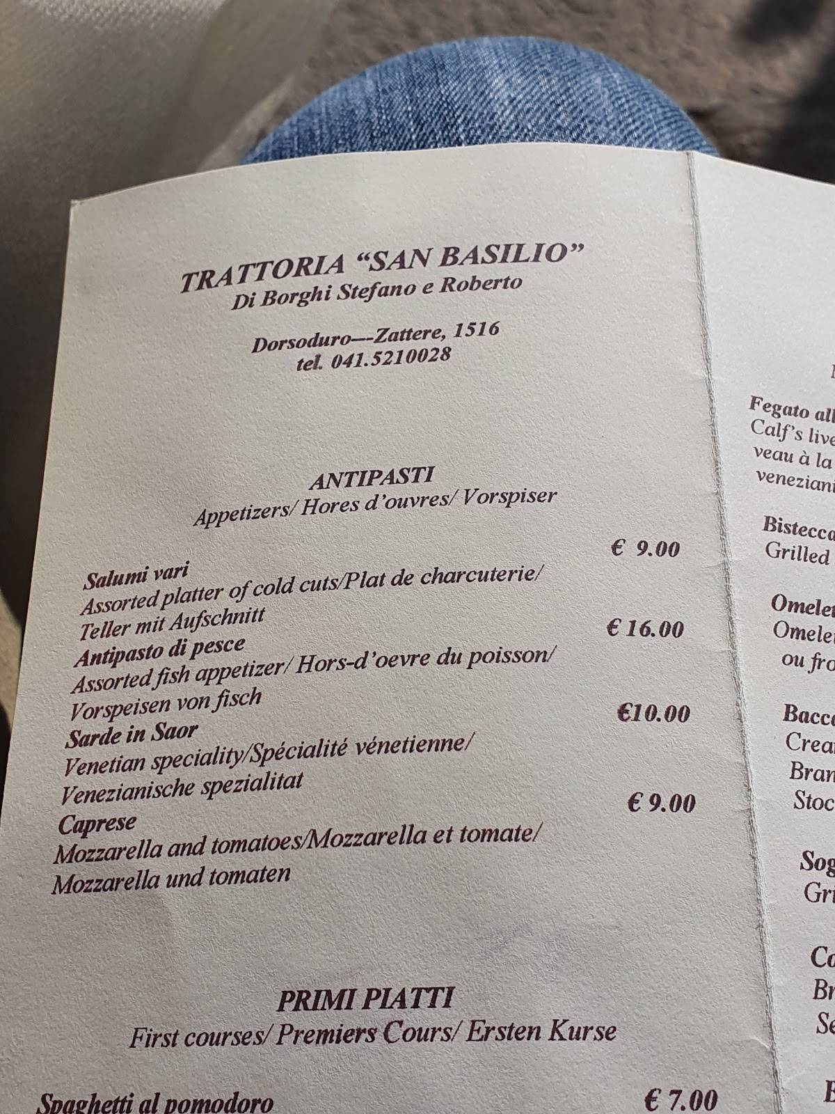 Menu at Trattoria San Basilio restaurant, Venice