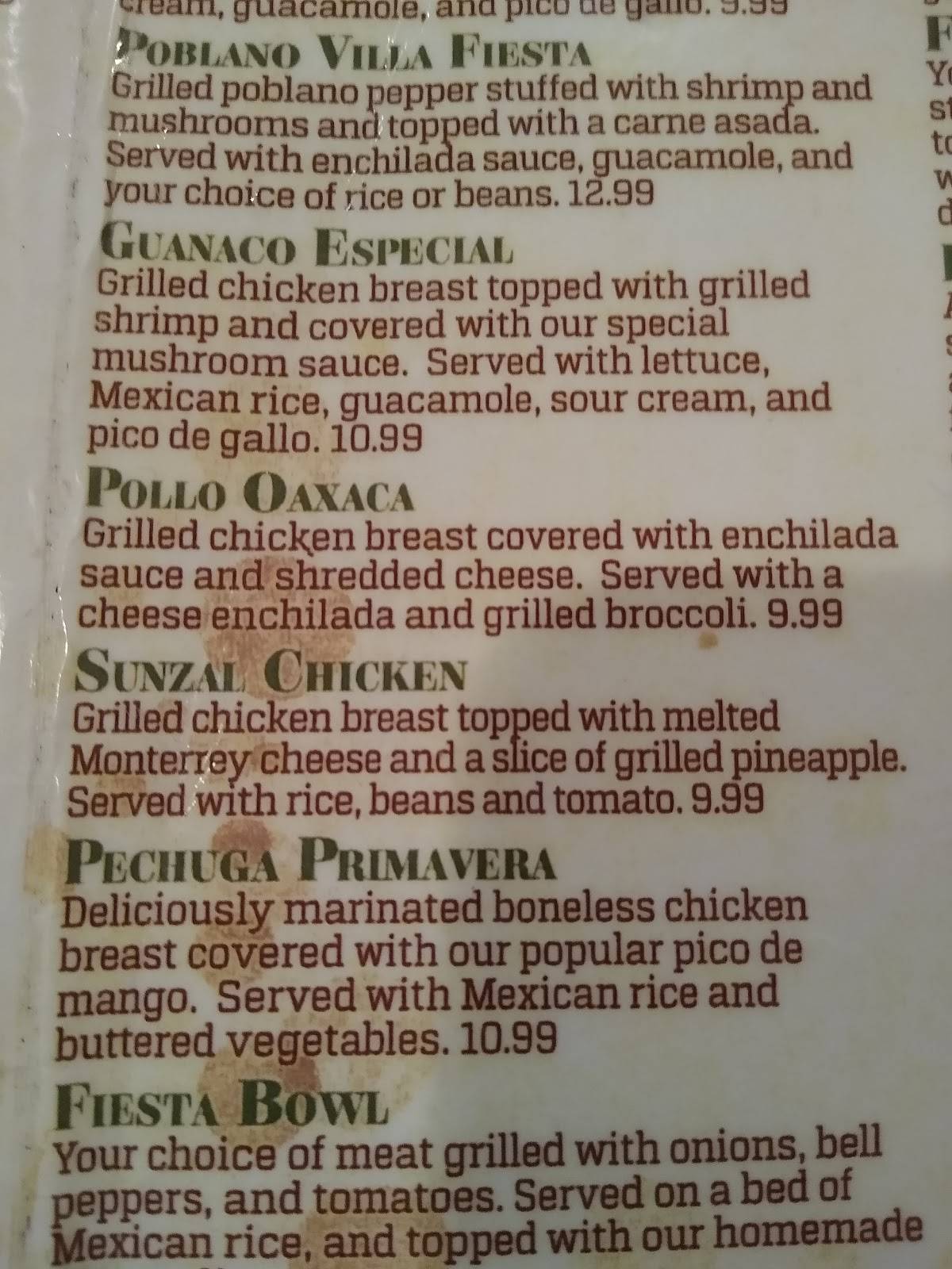 Menu at Villa Fiesta restaurant, Gadsden, 825 Rainbow Dr