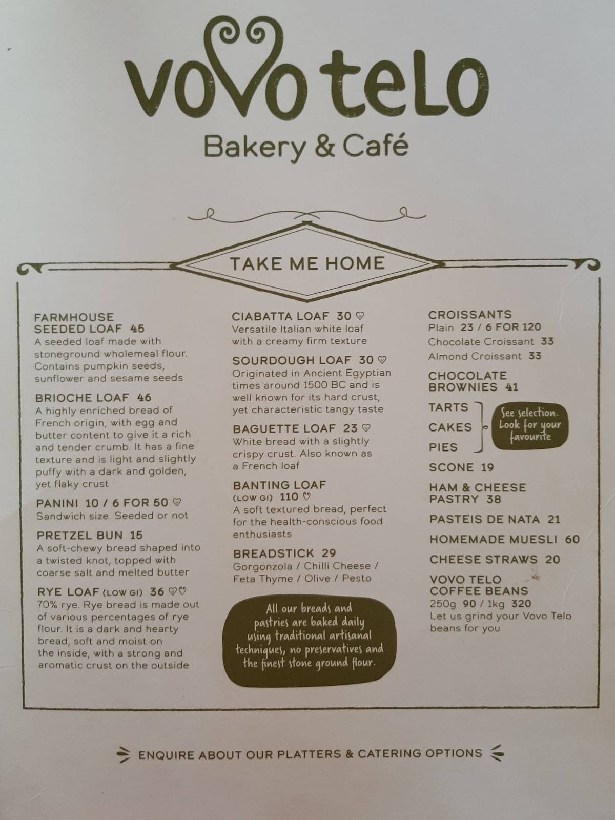 Menu at Vovo Telo Bakery & Café Hartbeespoort, Hartbeespoort