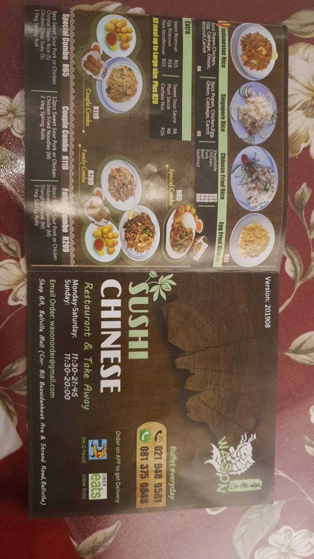Menu at Wason Chinese Sushi restaurant, Cape Town