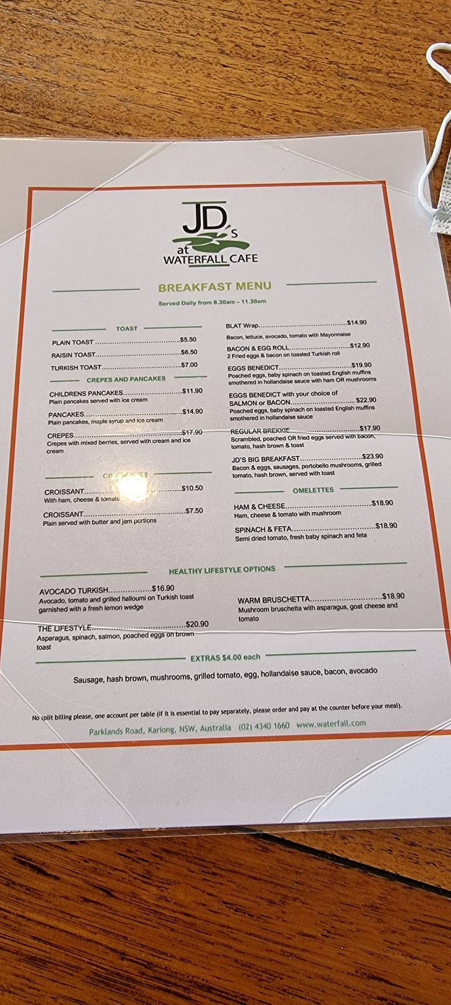 Menu at Waterfall Cafe, Kariong