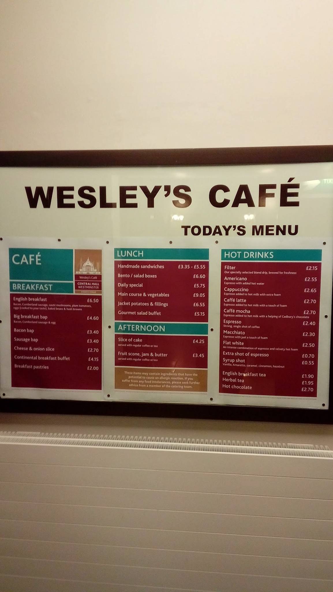 Menu at Wesley's Cafe, London