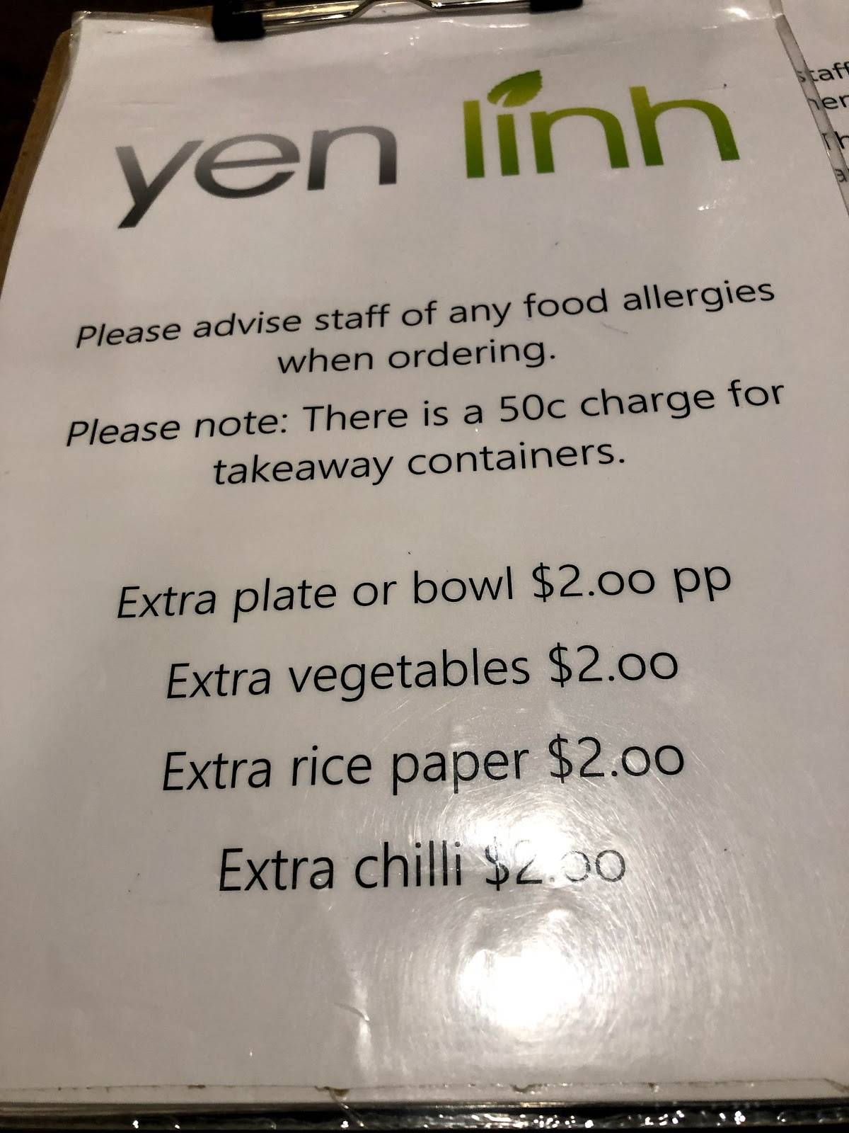 Menu at Yen Linh restaurant, Croydon Park, 131 Days Rd