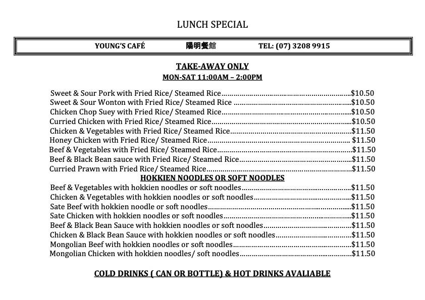 Menu at Young's Cafe Chinese Restaurant, Springwood