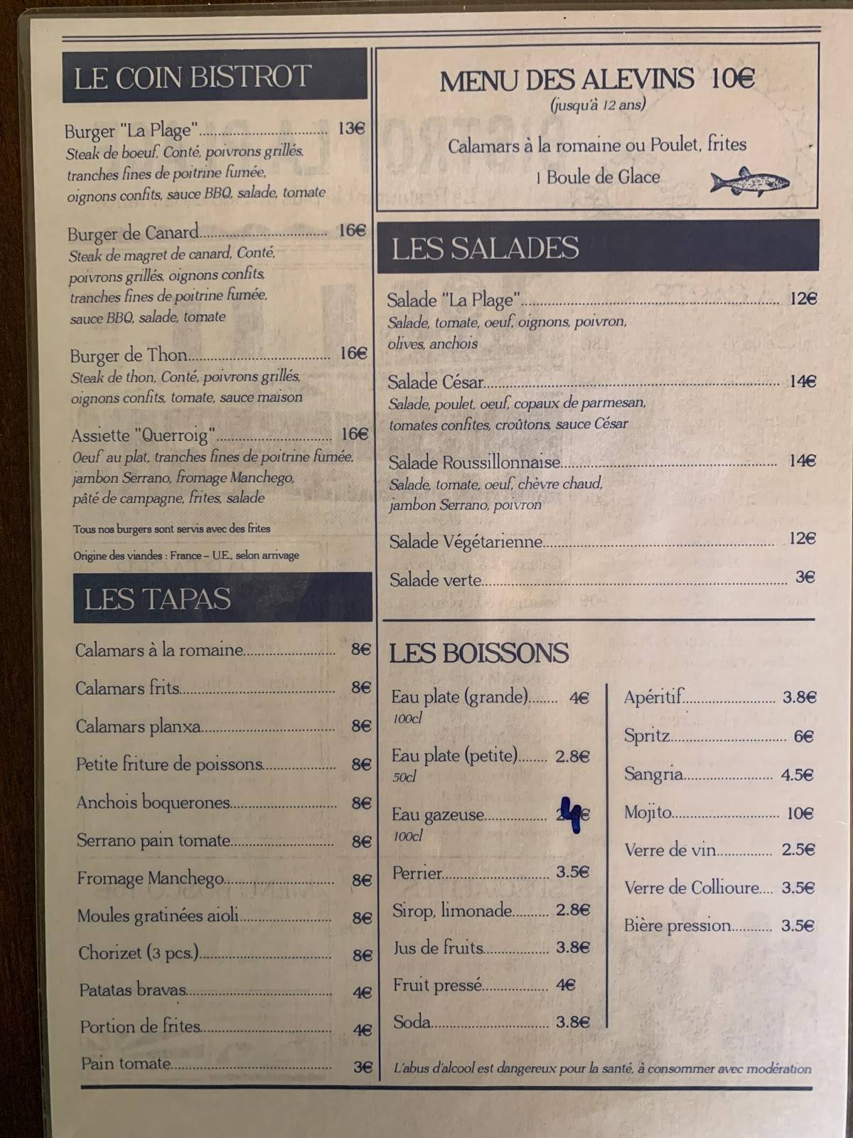 Menu au Restaurant de la Plage. Bar, Cerbère