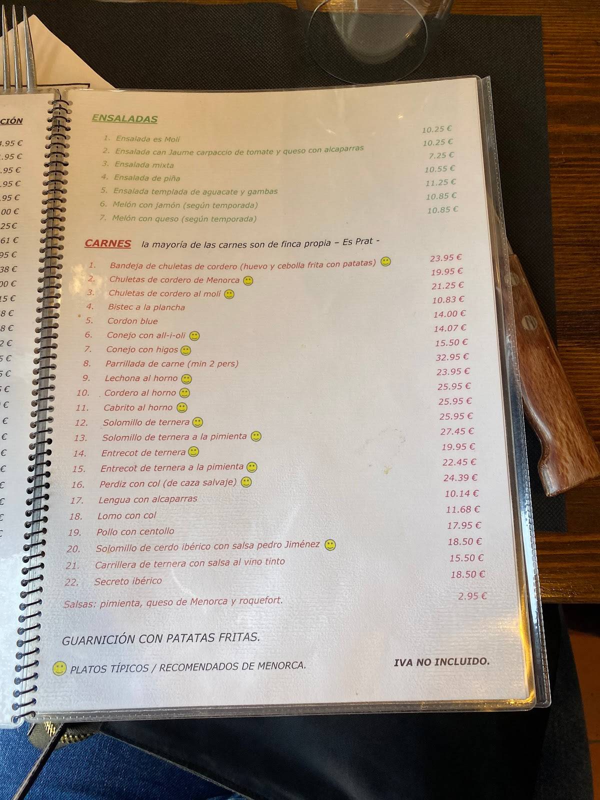 Carta de Restaurant es Molí d'es Racó, Es Mercadal