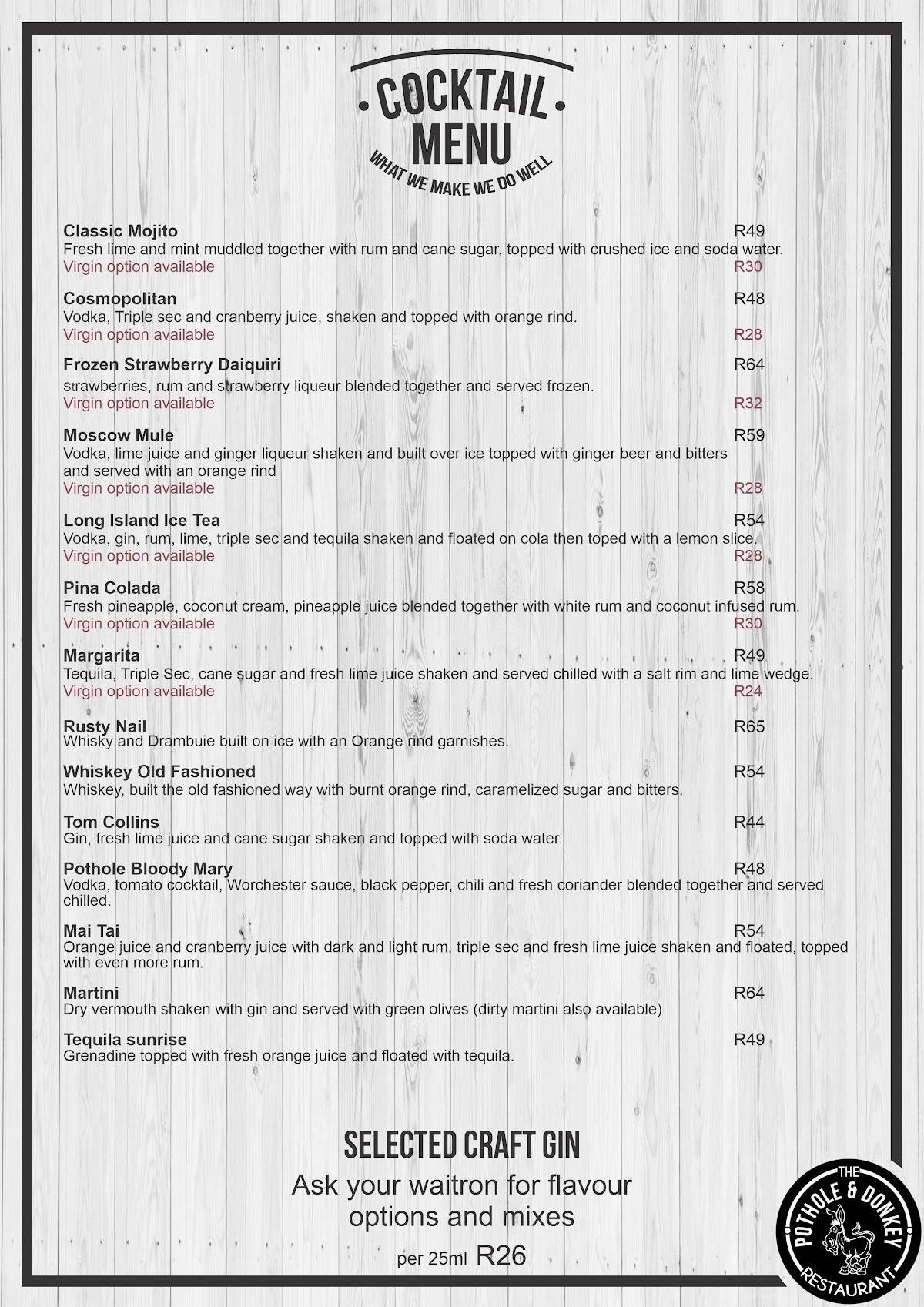 Menu at the Pothole & Donkey restaurant, Grahamstown