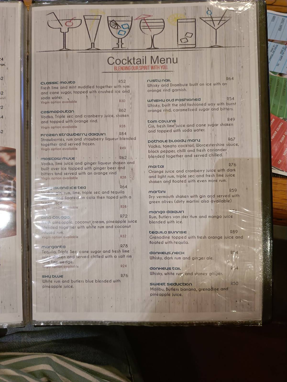 Menu at the Pothole & Donkey restaurant, Grahamstown