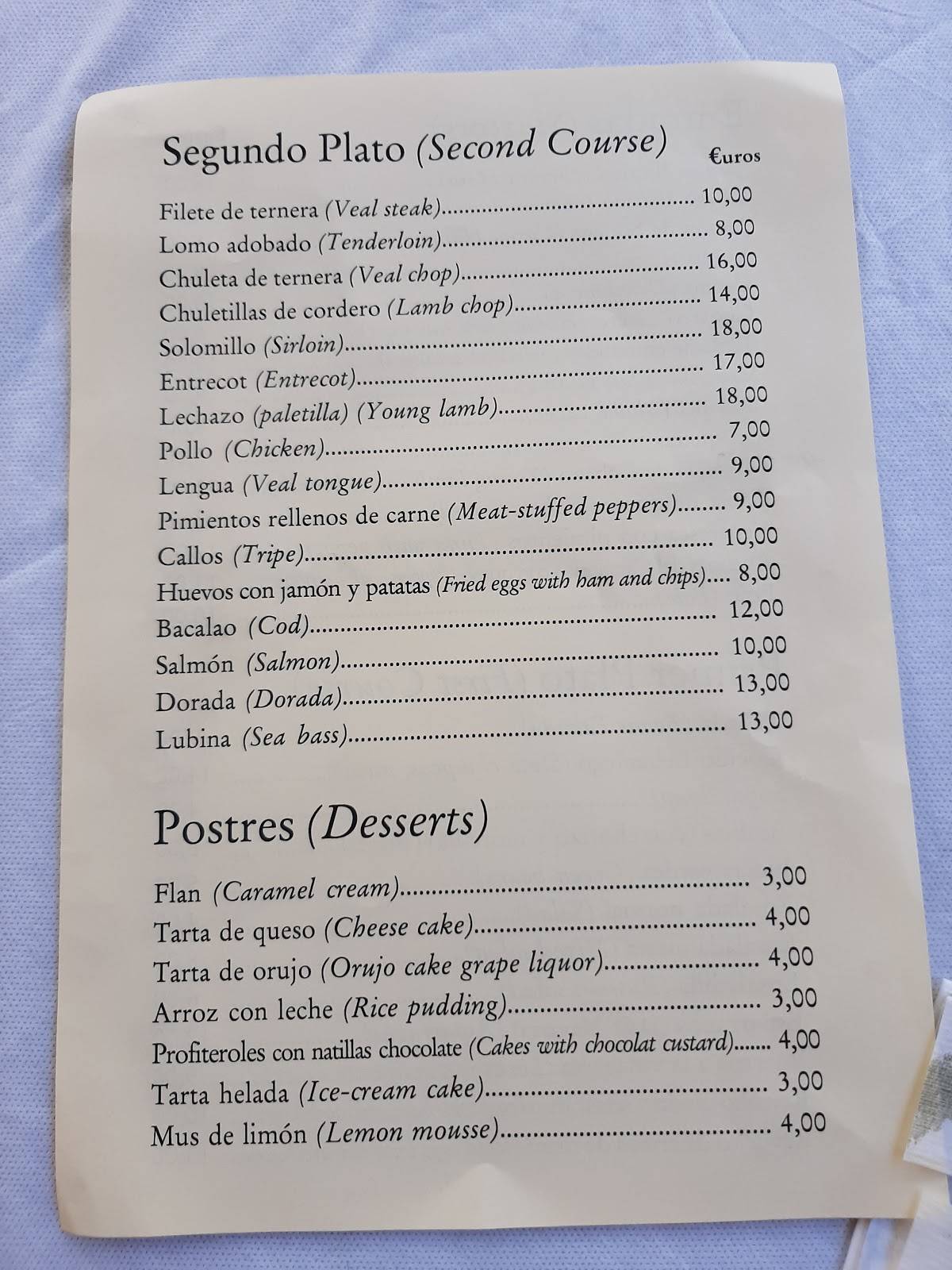 Carta de parrilla El Bodegón, Potes