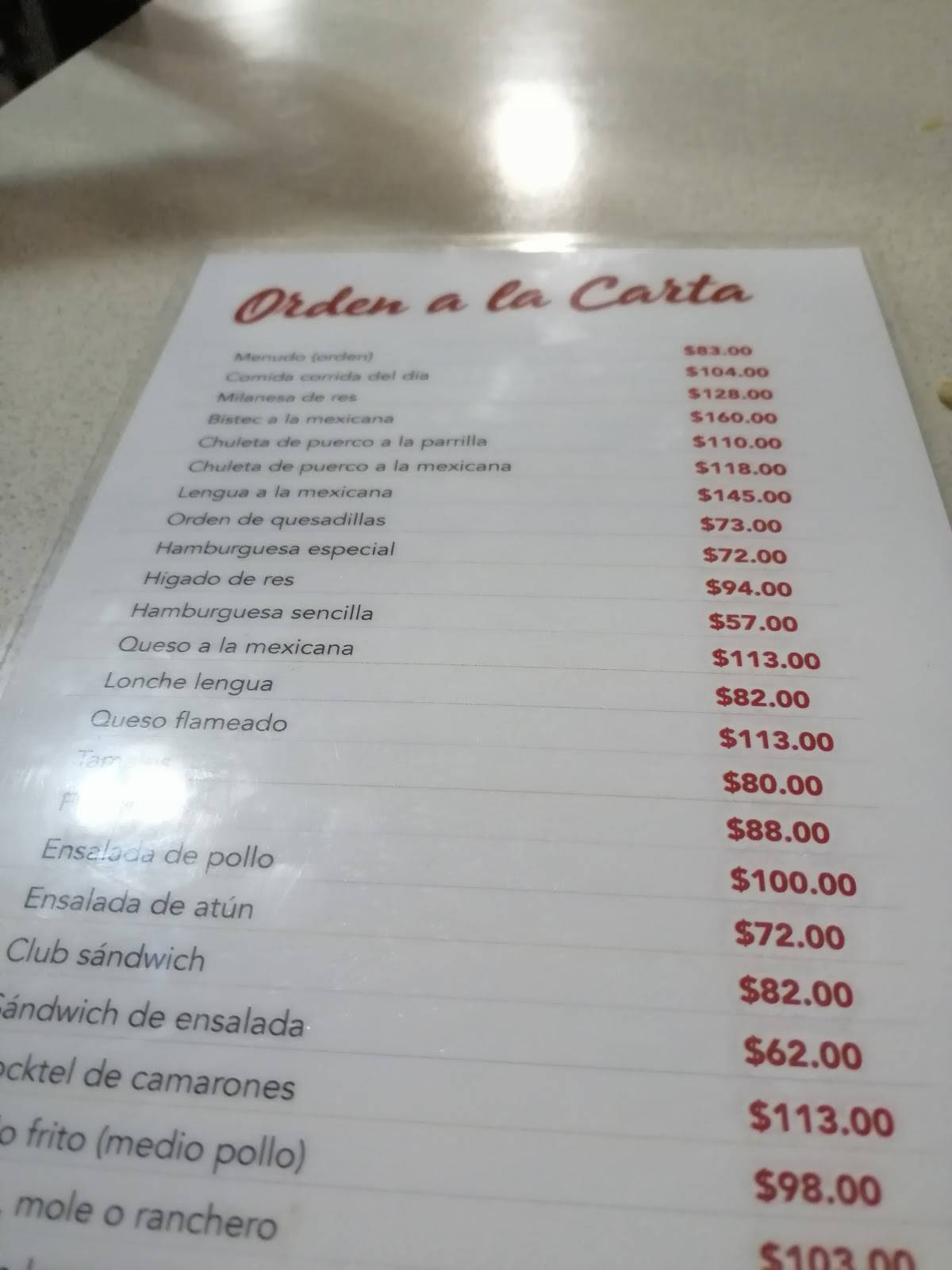 Carta de Restaurante Rubio, Monterrey