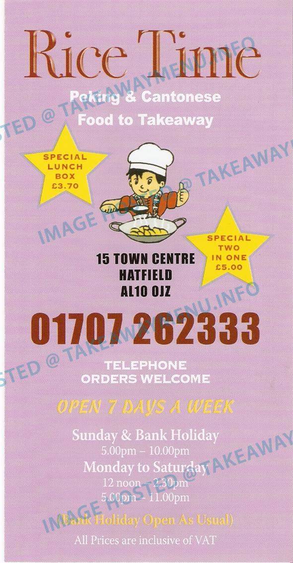 Menu at Rice Time fast food, Hatfield