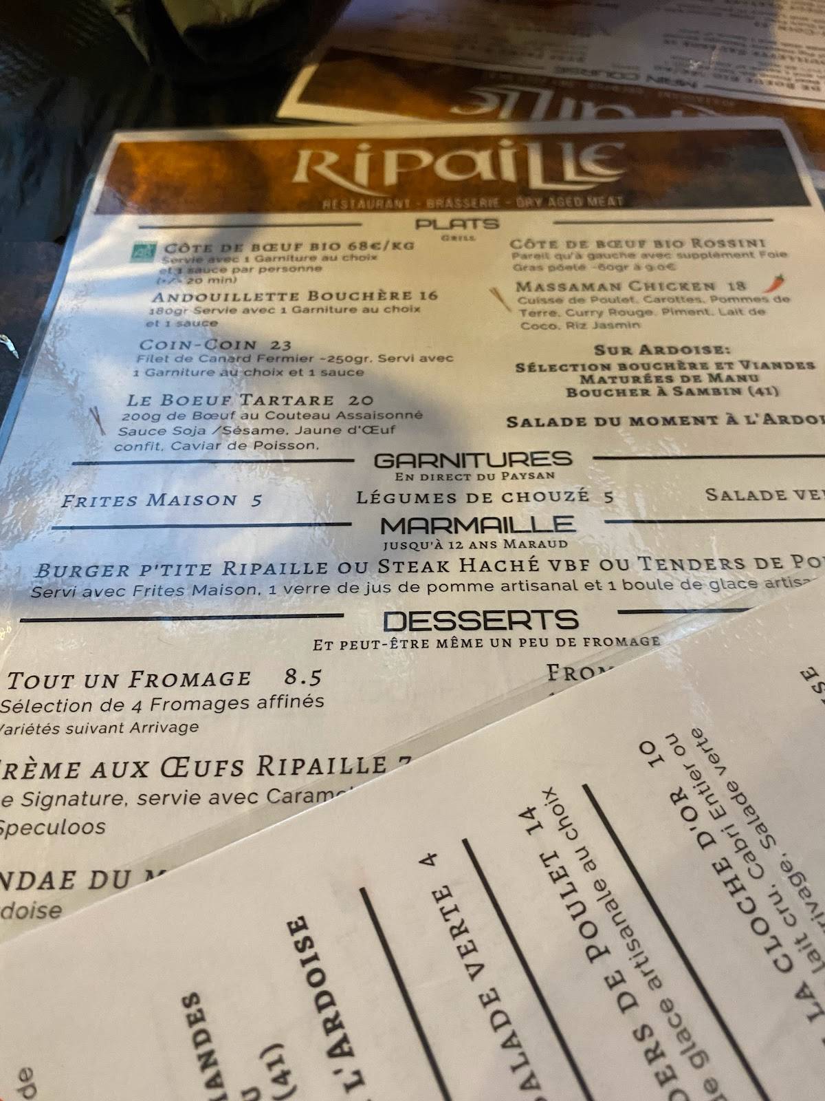 Menu au Ripaille restaurant, Azay-le-Rideau