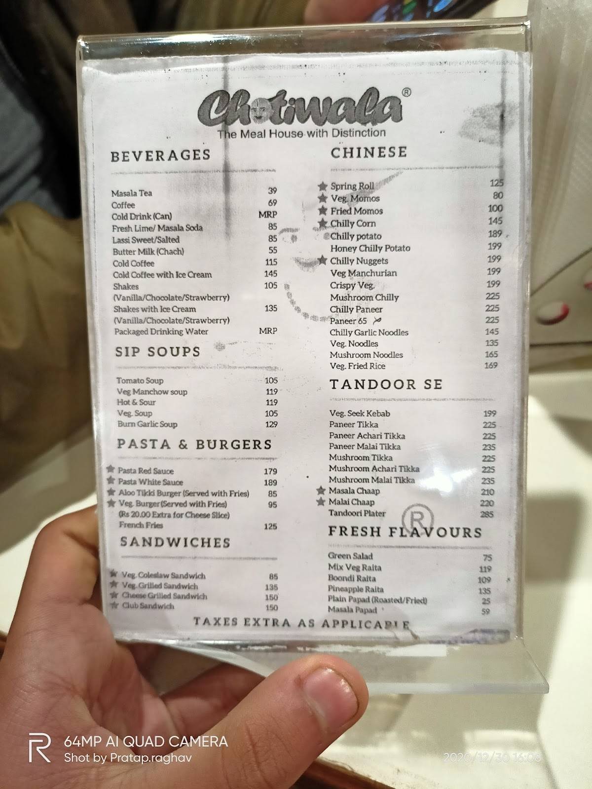 Menu at Chotiwala, Rishikesh, Swarg Ashram