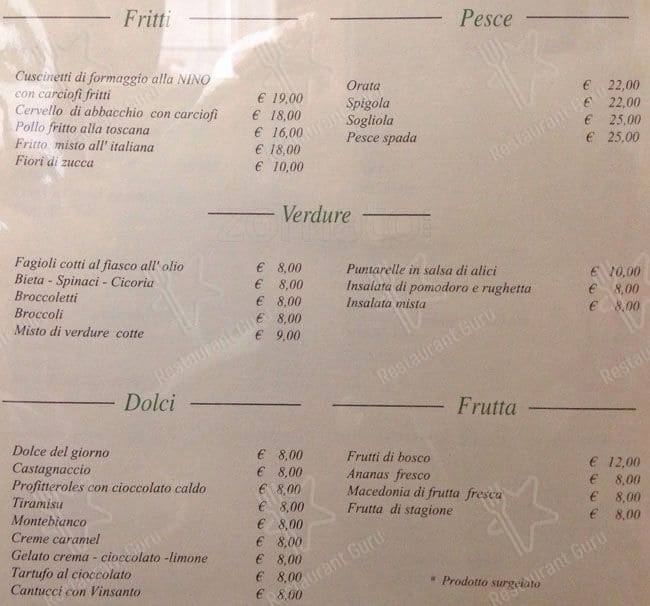 Menu da Ristorante Nino, Roma, Via Borgognona