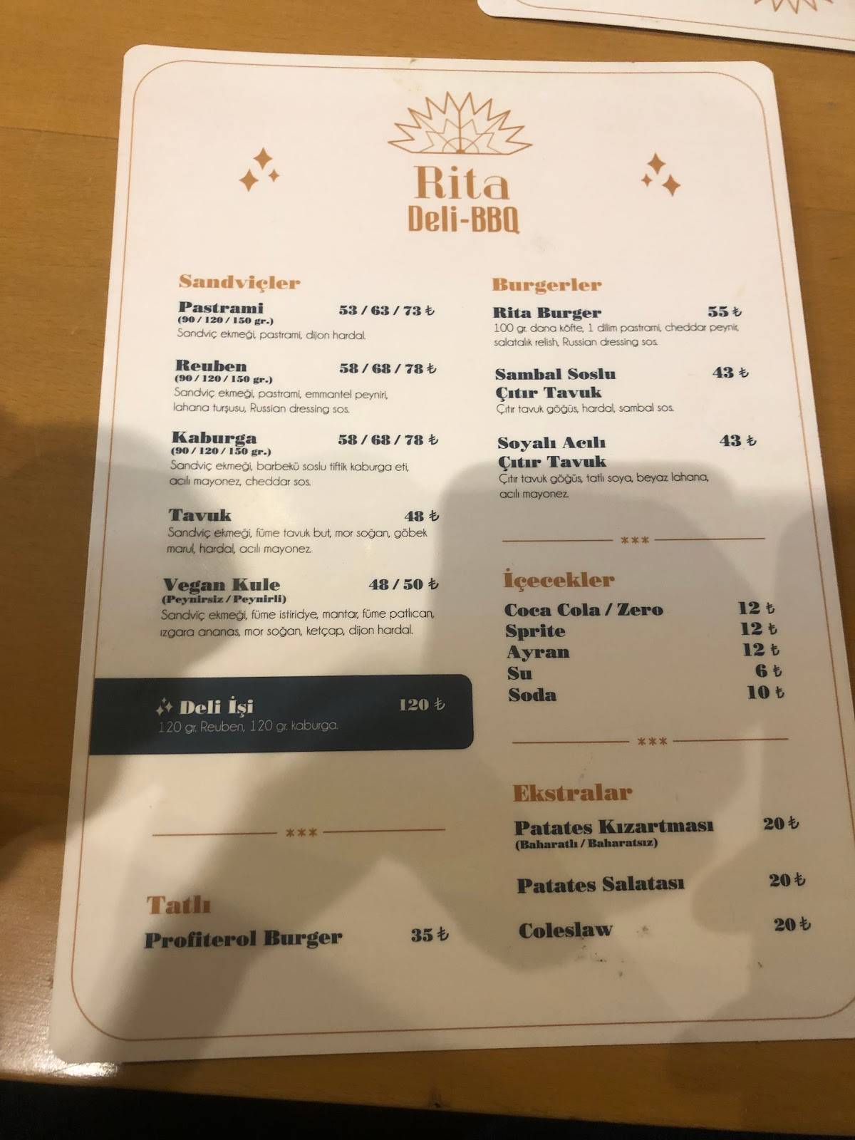 Menu at Rita Deli, Istanbul