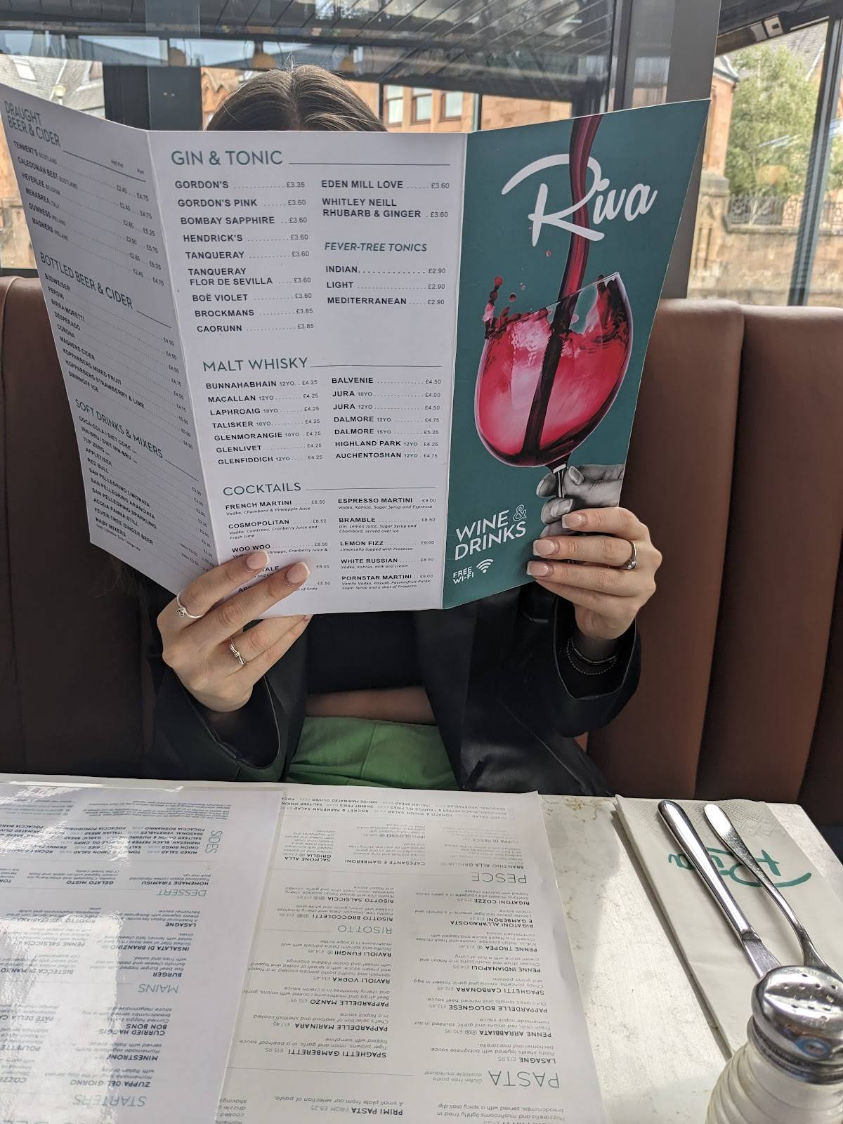 Menu at Riva restaurant, Bothwell