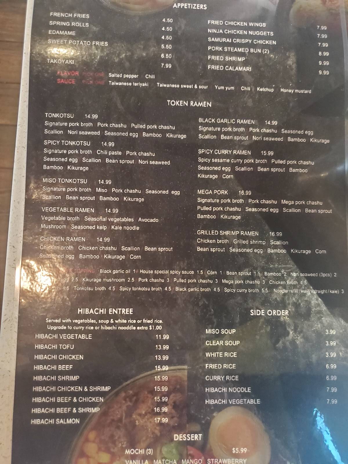 Menu at Token Ramen & Kung Fu Tea restaurant, Riverview