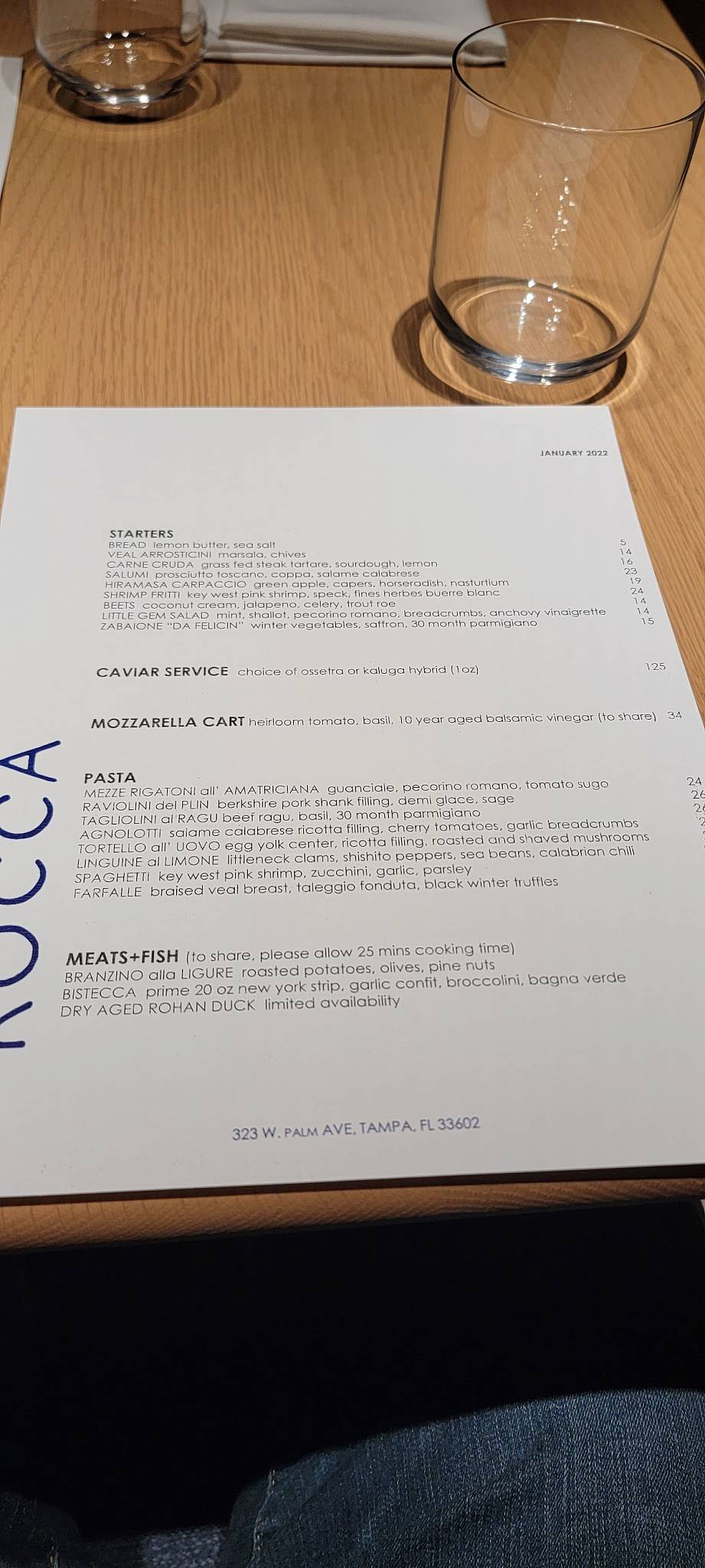 Menu at Rocca restaurant, Tampa