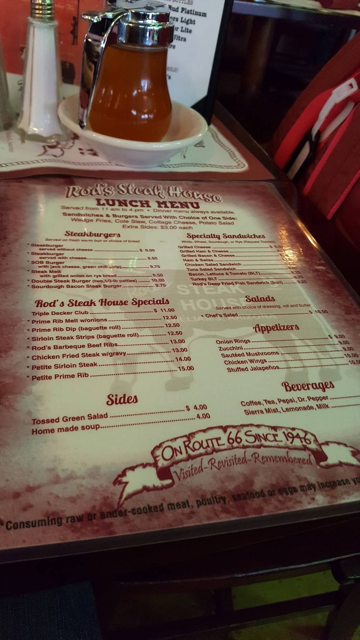 Menu at Rod's Steak House steakhouse, Williams