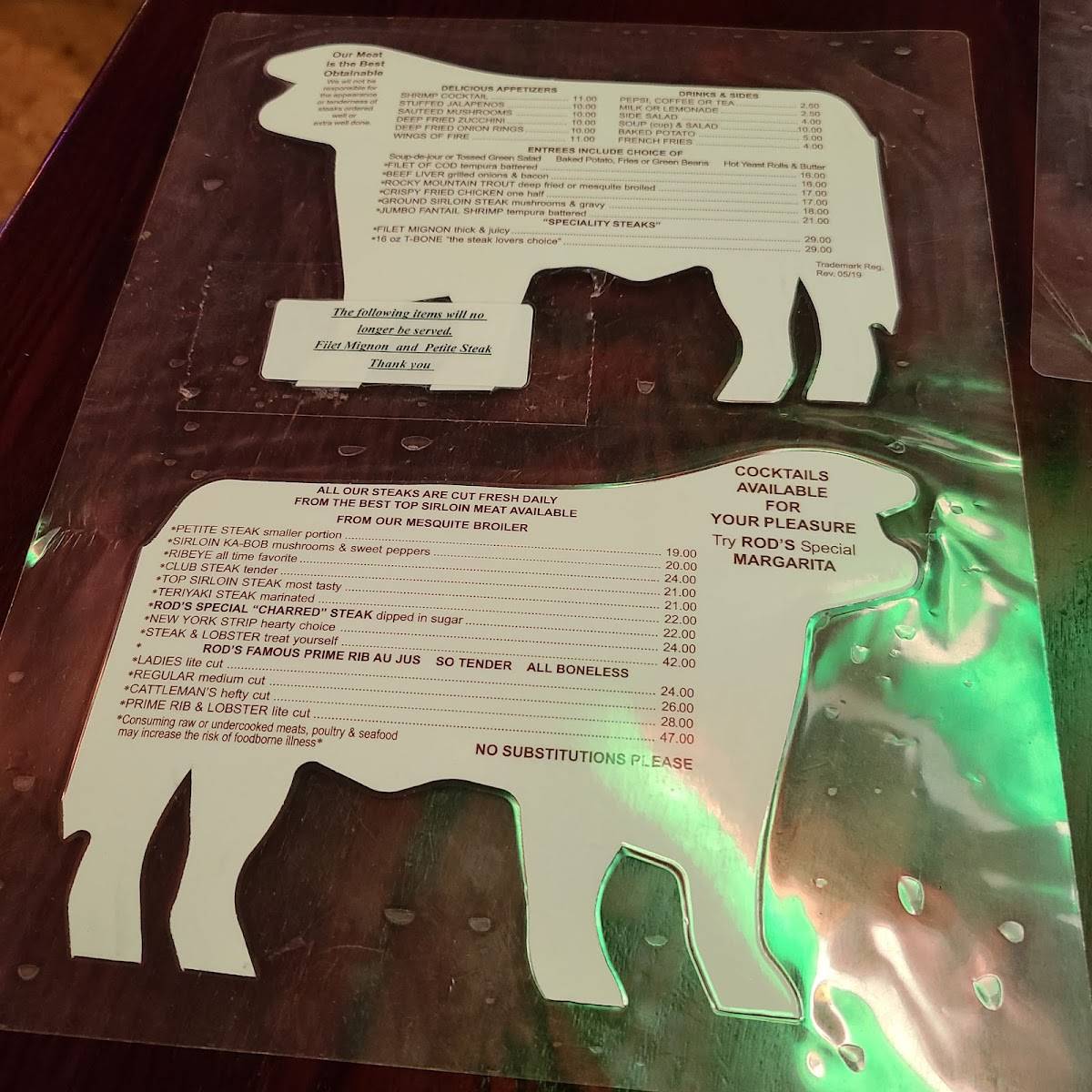 Menu at Rod's Steak House steakhouse, Williams