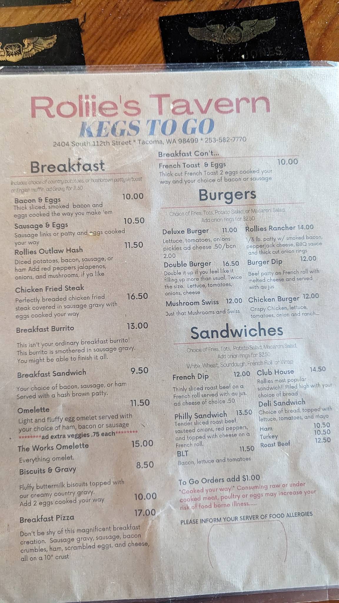 Menu at Rollies Tavern pub & bar, Lakewood