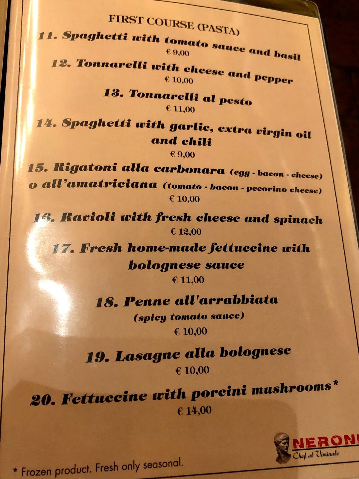 Menu at Nerone pizzeria, Rome, Via del Viminale