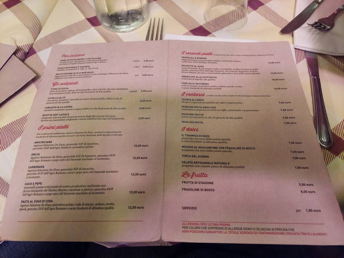 Menu at Trattoria Da Enzo al 29 restaurant, Rome