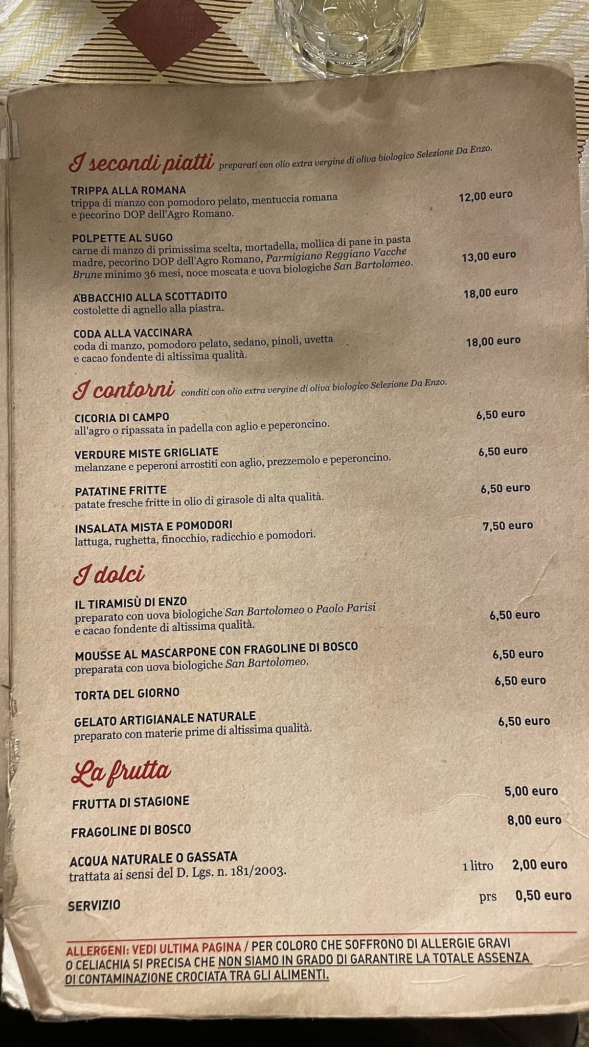 Menu at Trattoria Da Enzo al 29 restaurant, Rome
