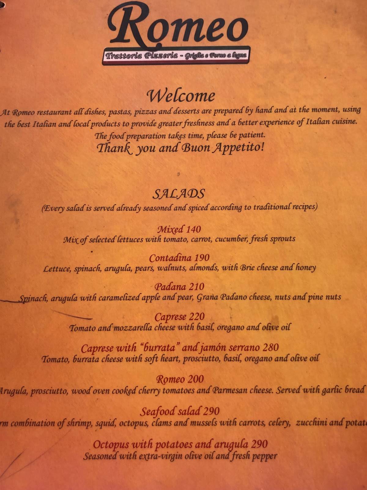Carta de Romeo Trattoria Pizzeria, Playa del Carmen, Calle 4 Entre 10 y ...