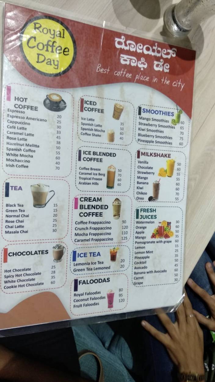 Menu at Royal Coffee Day, Moodbidri