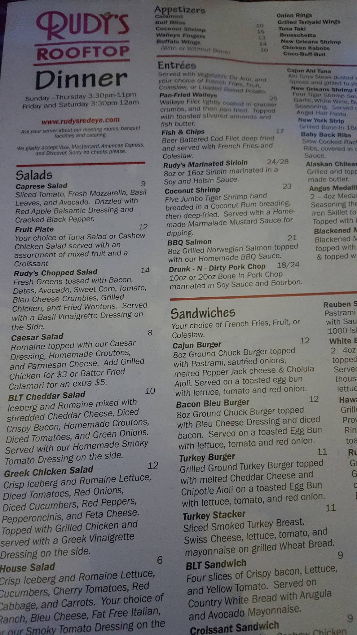 Menu at Rudy's Redeye Grill steakhouse, White Bear Lake, Hwy 61 N