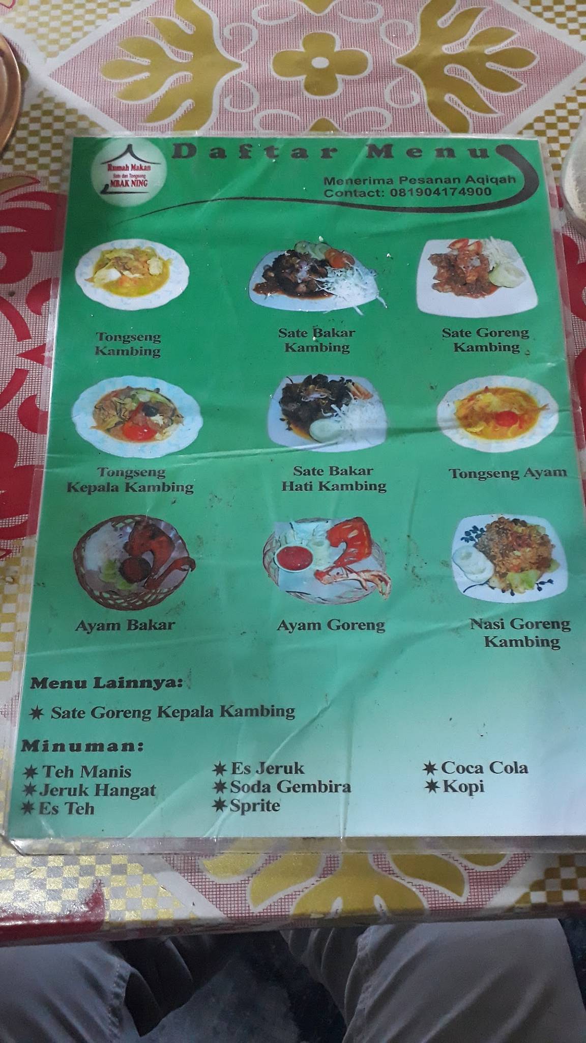 Menu at Rumah Makan Sate Kambing Dan Tongseng Mbak Ning restaurant, Mungkid