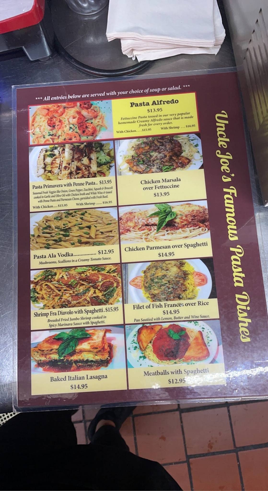 Menu at Uncle Joe's New York Diner restaurant, Ruskin