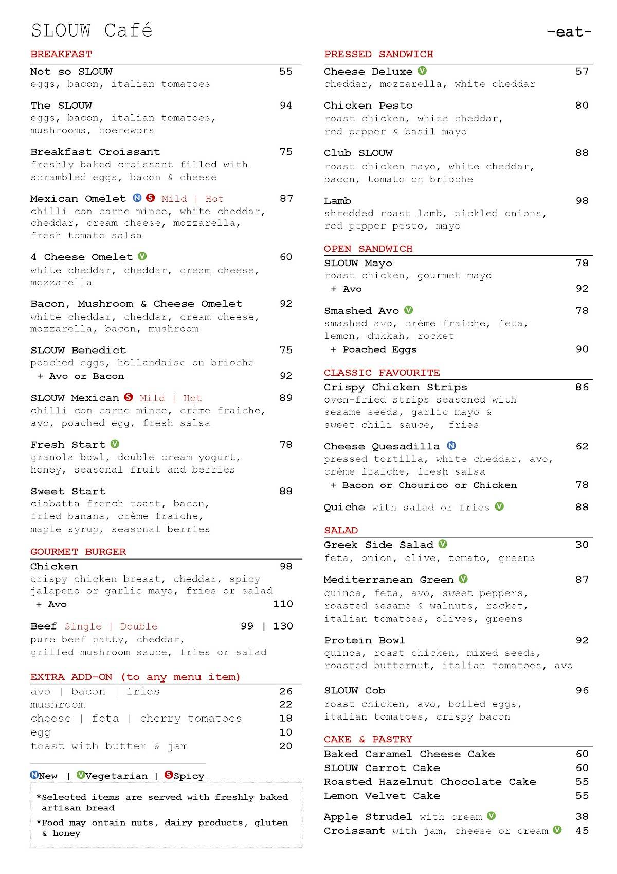 Menu at SLOUW Café cafe, Potchefstroom