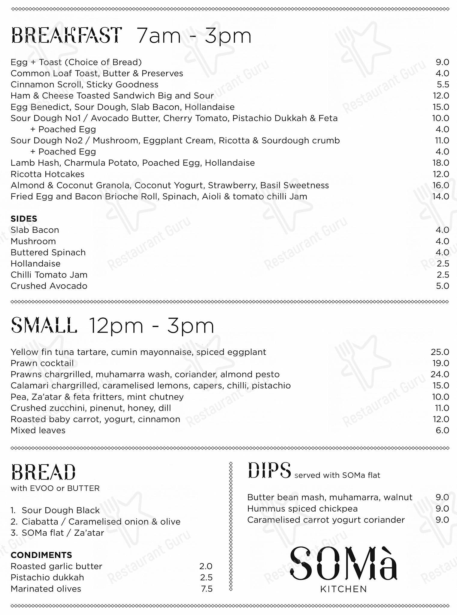 Menu at SOMa cafe, North Coogee