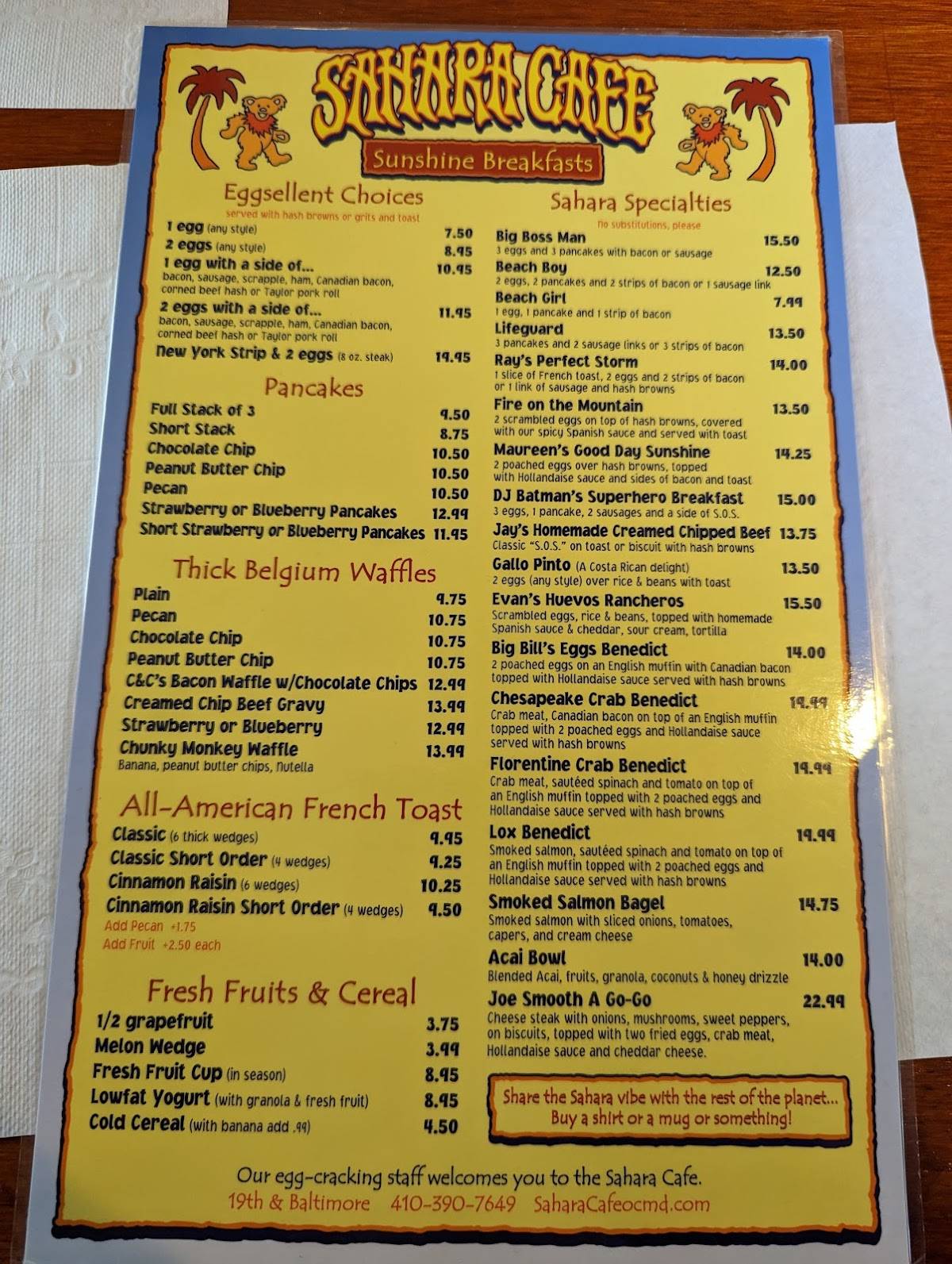 Menu at Sahara Cafe, Ocean City