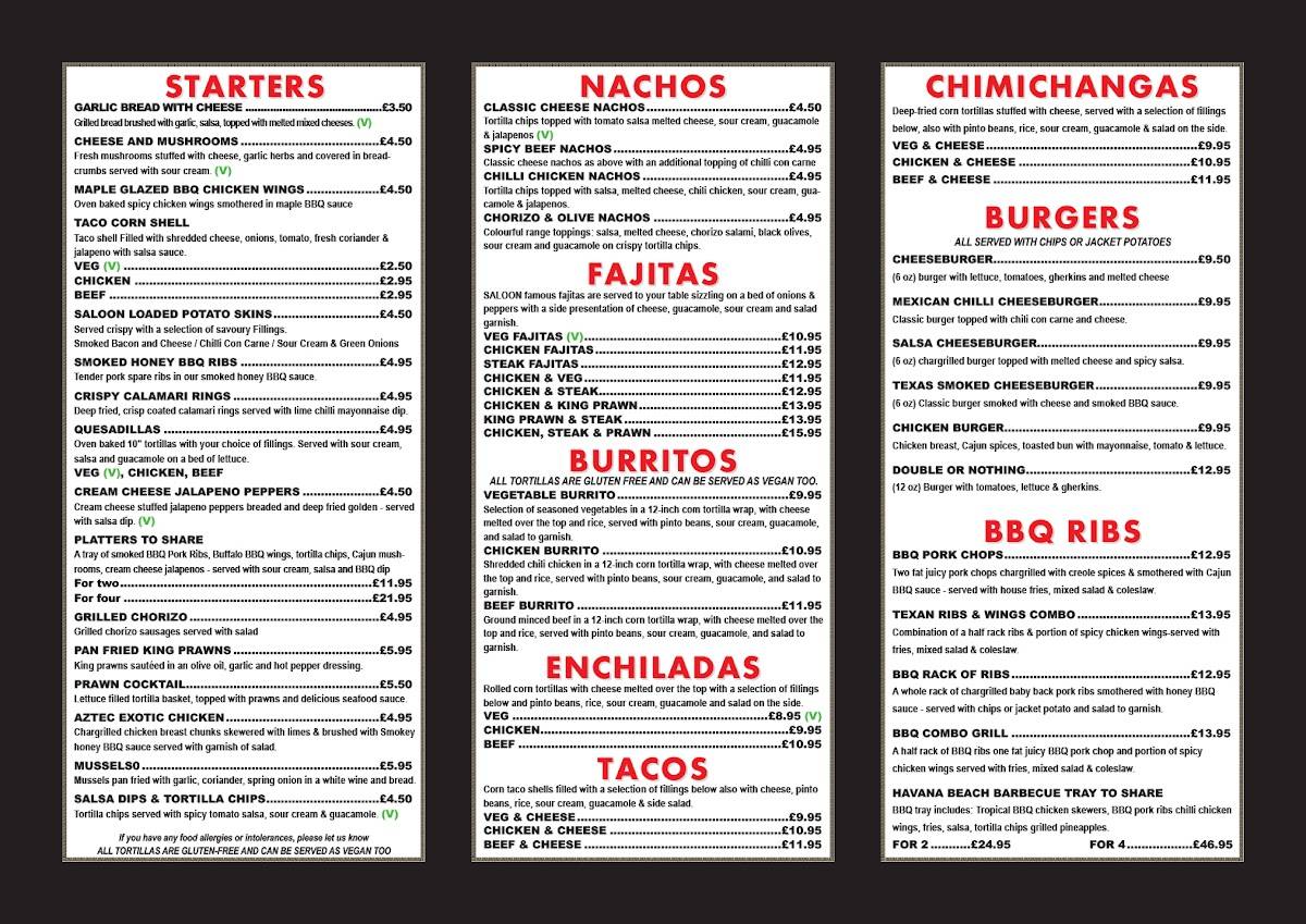 Menu at Saloon Bar & Grill, Herne Bay
