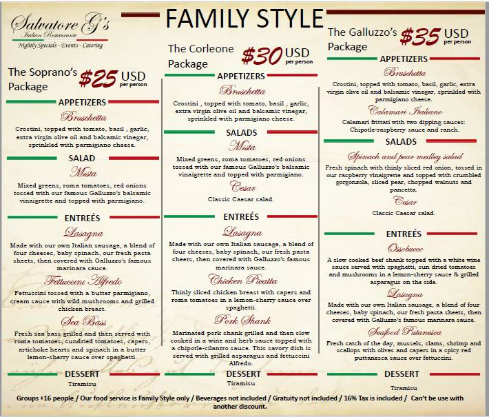 Menu at Salvatore G's restaurant, Cabo San Lucas